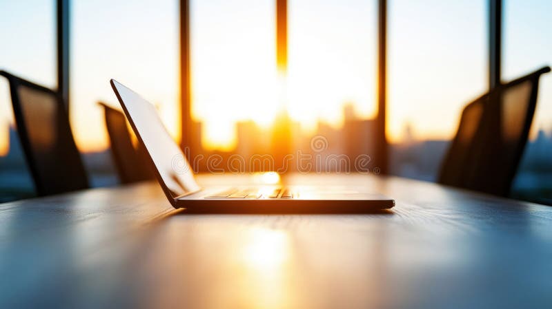 Laptop on Office Desk at Sunset Stock Illustration - Illustration of ...