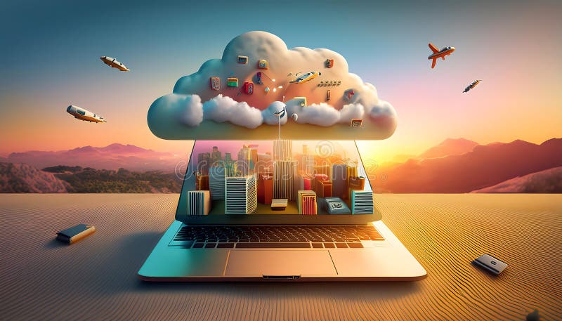 A Laptop with Office Icons and Tools Flying Out, Accompanied by Clouds ...