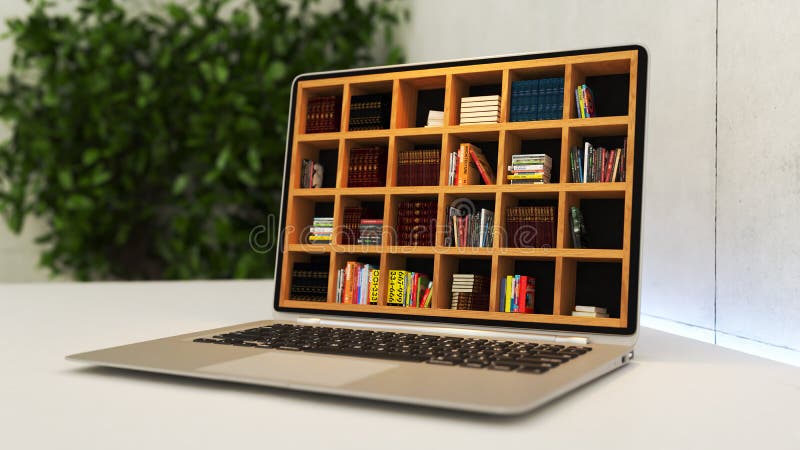 Laptop with Online Library Realistic 3D Rendering Stock Illustration ...