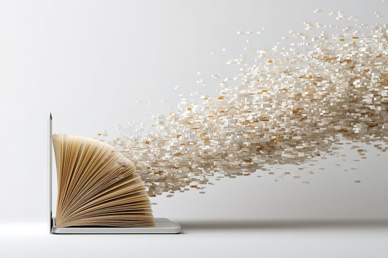 Digital Book Emerging from Laptop with Particles Swirling in Creative ...