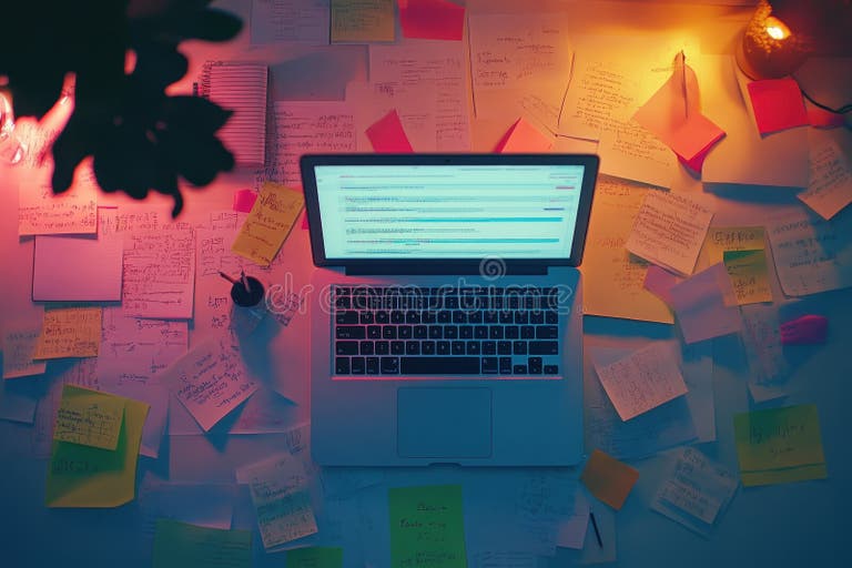 Laptop with Open Code on a Desk Surrounded by Notes Stock Illustration ...