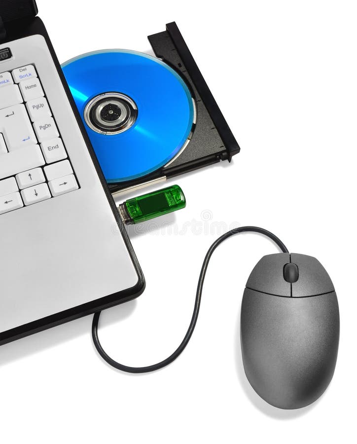 Laptop with Open Compact Disc Tray,flash and Mouse Stock Image - Image ...