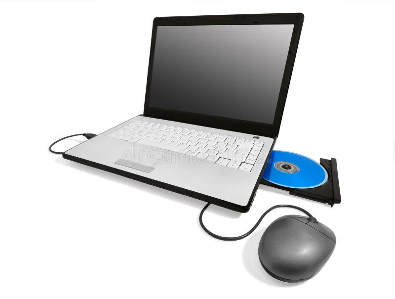 Laptop with Open Compact Disc Tray and Mouse Stock Image - Image of ...