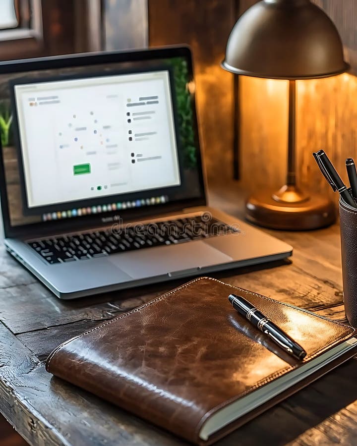 A Laptop is Open on a Desk with a Leather Bound Notebook and a Pen ...