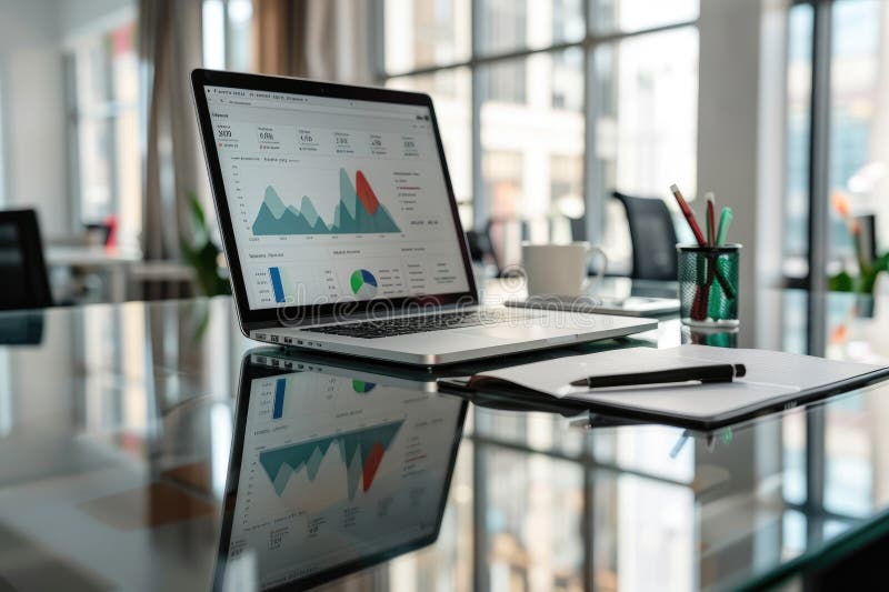 A Laptop is Open on a Desk with a Notebook and a Pen Stock Illustration ...