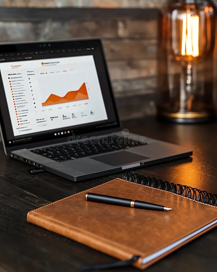 A Laptop is Open on a Desk with a Pen and a Notebook Stock Image ...