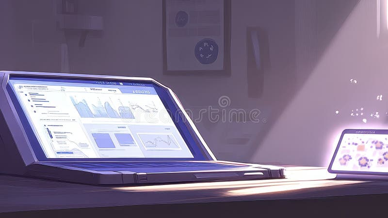 A Laptop is Open on a Desk with a Tablet Next To it Stock Illustration ...
