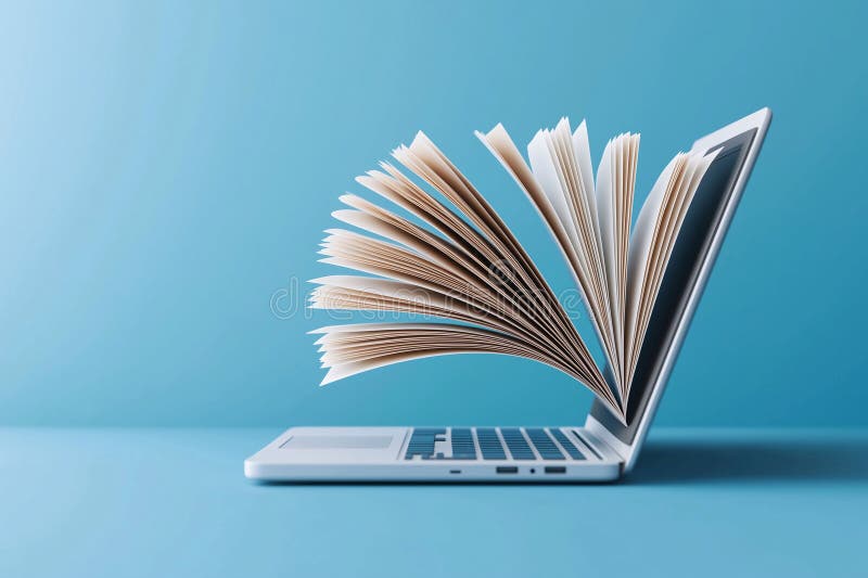 Laptop with Open Pages Emerging from Screen Symbolizes Knowledge and ...
