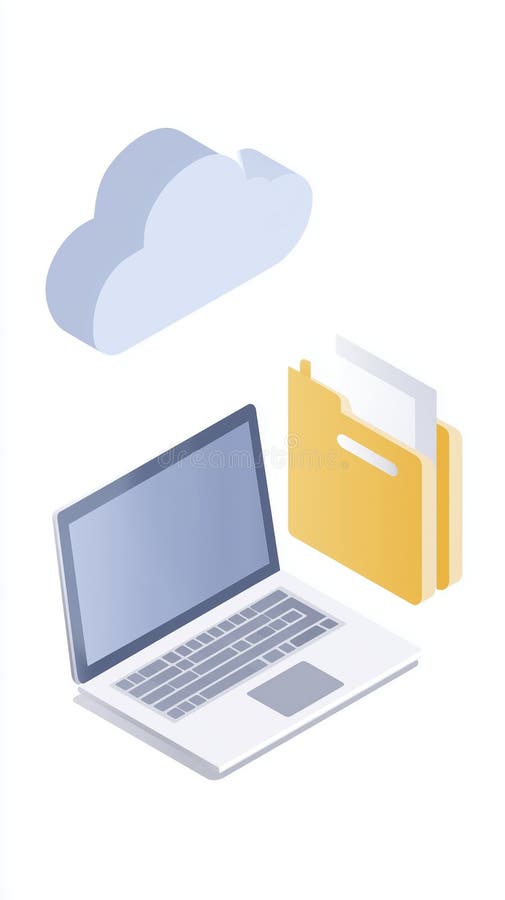 Laptop with Open Screen, Cloud Storage Icon Above, and Yellow Folder ...