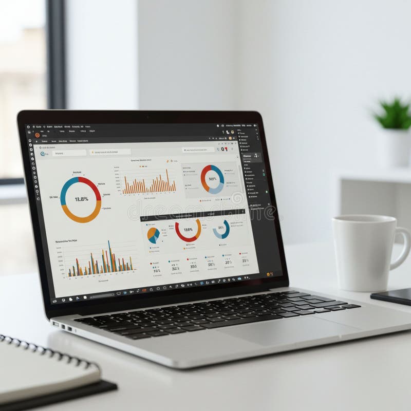 A Laptop is Open on a White Desk Displaying Various Data Visualizations ...
