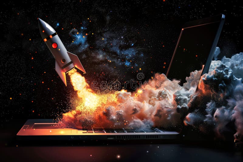 A Laptop is Opened To Reveal a Rocket Launching into Space. Stock Image ... A Laptop is Opened To Reveal a Rocket Launching into Space. Stock Image ...