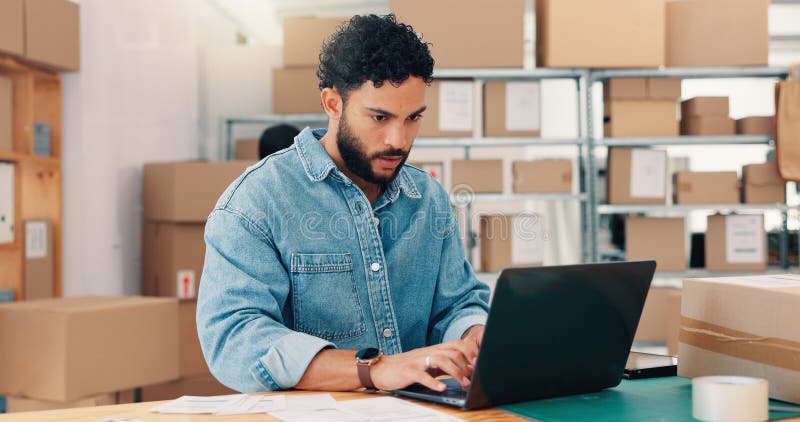 Laptop, Order and Shipping with Man in Warehouse for Logistics Route ...
