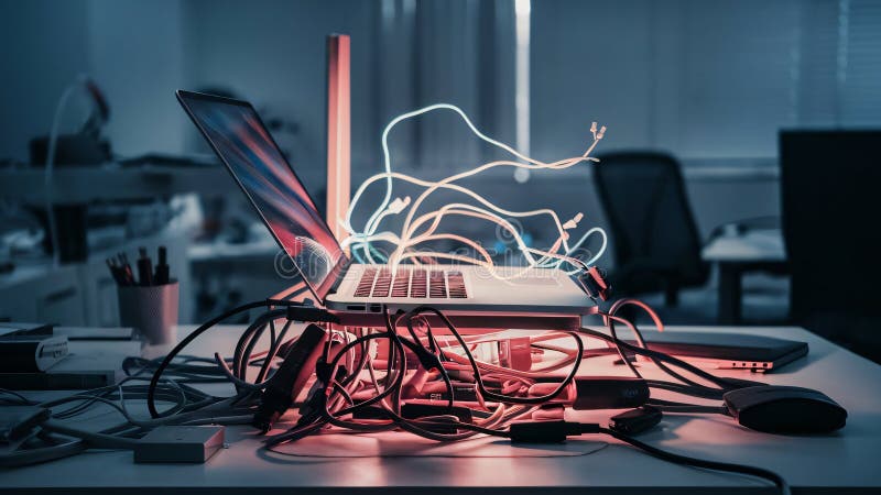 Laptop Overwhelmed by Cables, Data Network Chaos High Quality Image ...