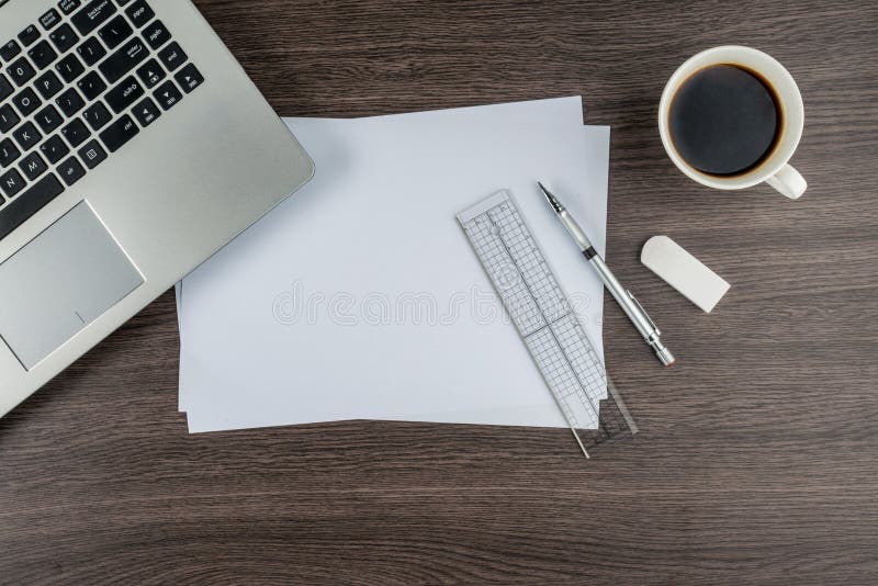 Laptop, Paper Pen Ruler and Eraser with Cup of Coffee Stock Photo ...
