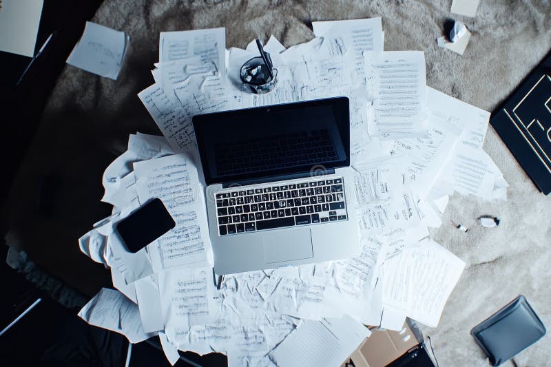 Laptop and Papers on a Gray Surface Stock Illustration - Illustration of strokes, disorganized ...