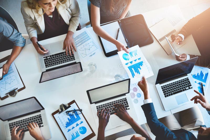 Laptop, Paperwork and Business People in Teamwork with Charts, Graphs ...