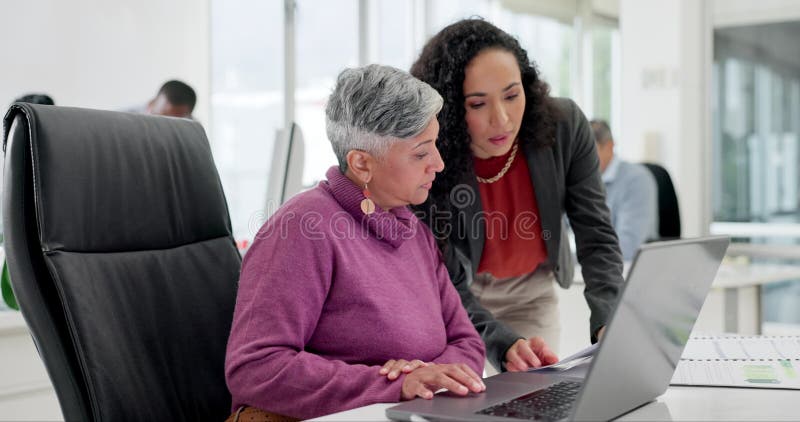 Laptop, Paperwork and Manager Helping a Woman in the Office with a ...