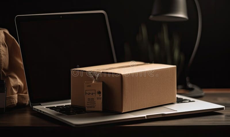 Laptop with Parcel Box for Online Shopping and Delivery Creating Using ...