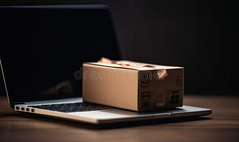 Laptop with Parcel Box for Online Shopping and Delivery Creating Using ...