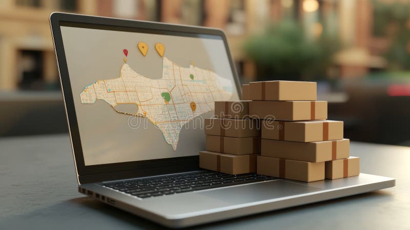 Laptop with Parcels and Navigation 3D Logistics Solution Stock ...