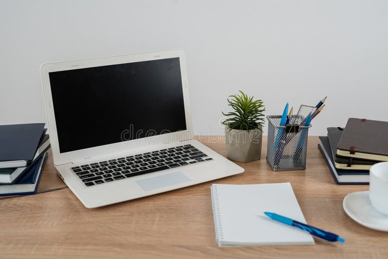 Laptop Pen on Empty Notebook with Copy Space on Office Desk Stock Image ...