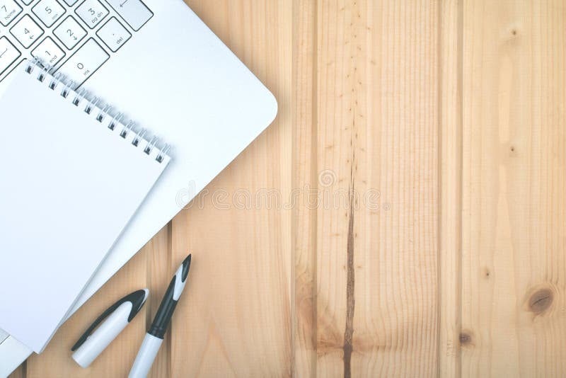 Laptop, Pen, Notepad on Wooden Light Surface Stock Photo - Image of ...