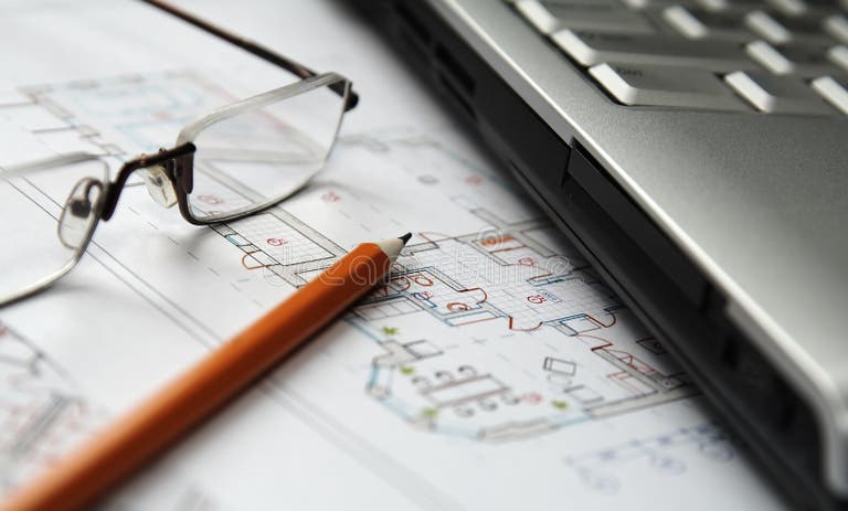 Laptop, Pencil and Glasses on Home Draft Stock Image - Image of laptop ...