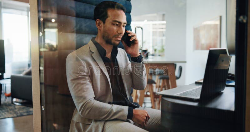 Laptop, Phone Call and Planning with Business Man in Pod for ...