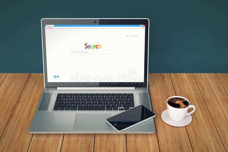 Laptop with a Phone Cup of Coffee Stock Illustration - Illustration of ...