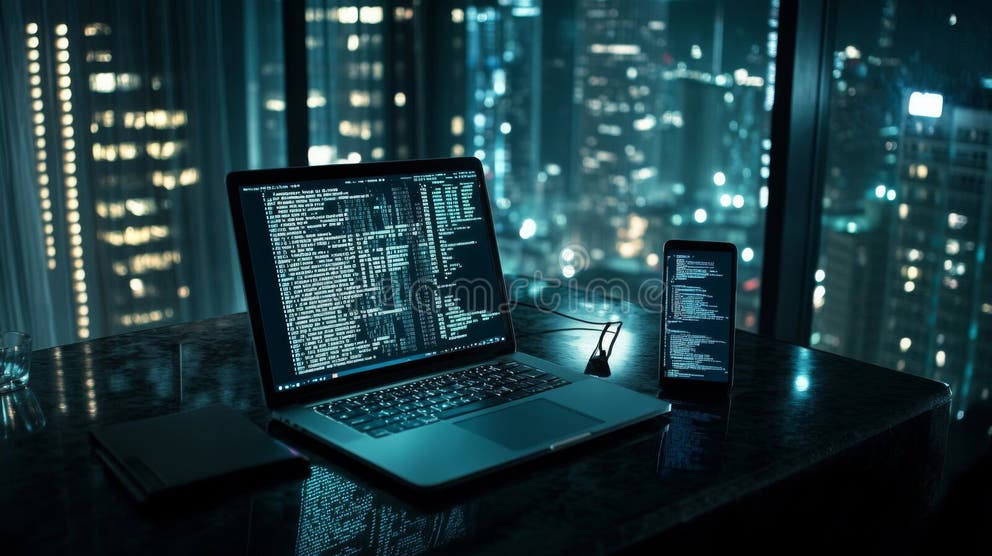 Laptop and Phone Displaying Code at Night Stock Illustration ...