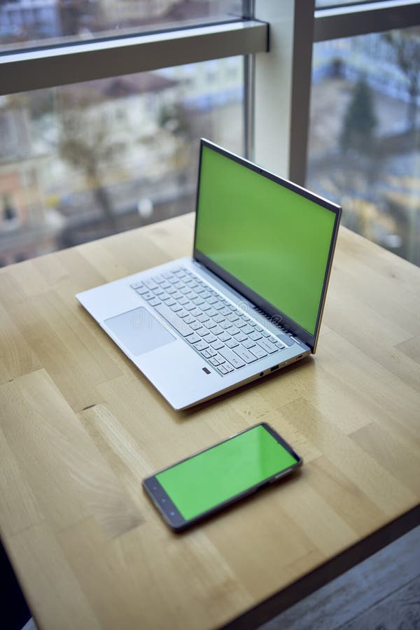 Laptop and Phone with Green Screen on Single Workplace Table, Chroma ...