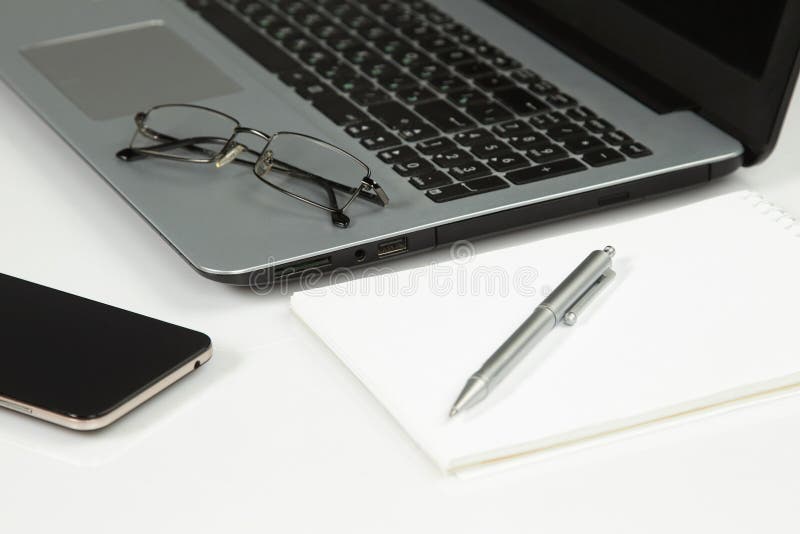 Laptop, Phone, Notepad, Pen, Glasses Stock Image - Image of page, table ...