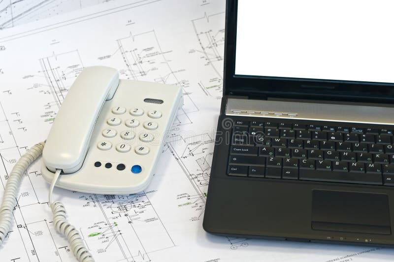Laptop, Phone on Project Drawings Stock Image - Image of engineer ...