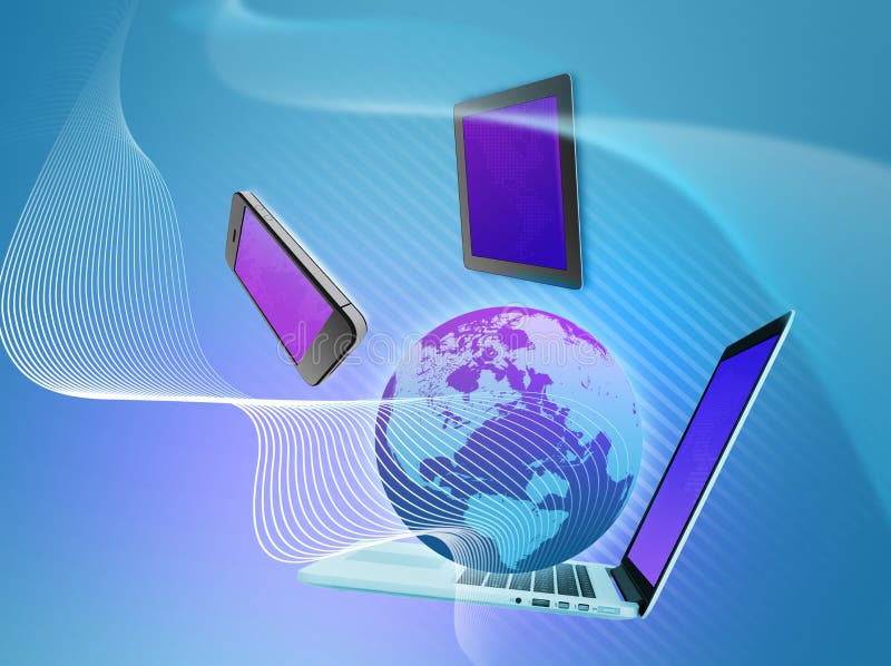 Laptop, Phone and Tablet Around Globe with World Stock Illustration ...