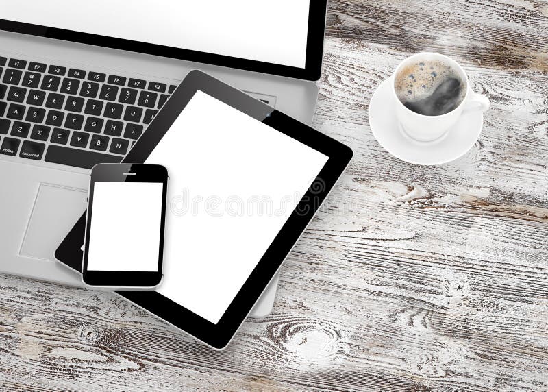 Laptop, Phone, Tablet Pc and Coffee Stock Image - Image of digital ...