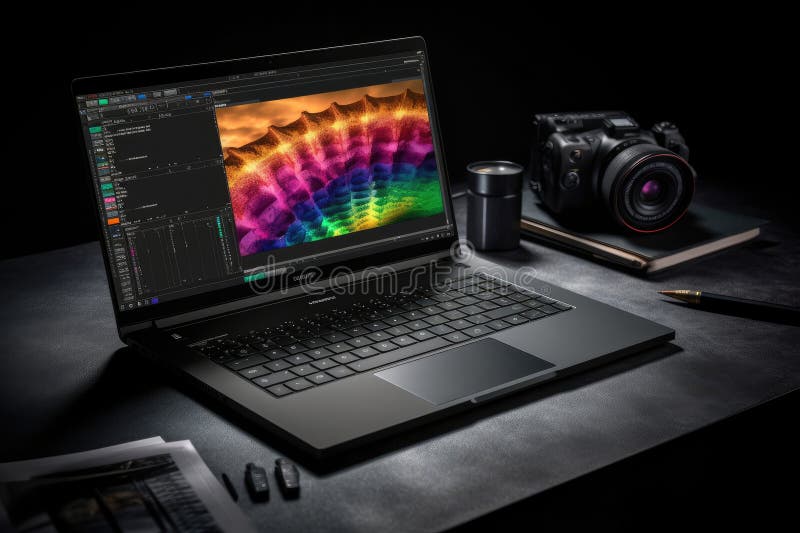 Laptop with Photo Editing Software and Camera. Generative AI Stock ...