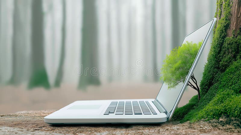 Laptop Placed in a Forest Setting Displays an Image of a Tree on Its ...