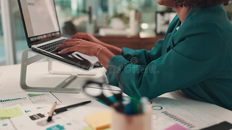 Laptop, Planning and Hands of Woman in Office with Notes on Data ...