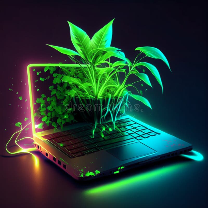 Laptop with Plant on the Screen. Vector Illustration in Neon Style AI ...