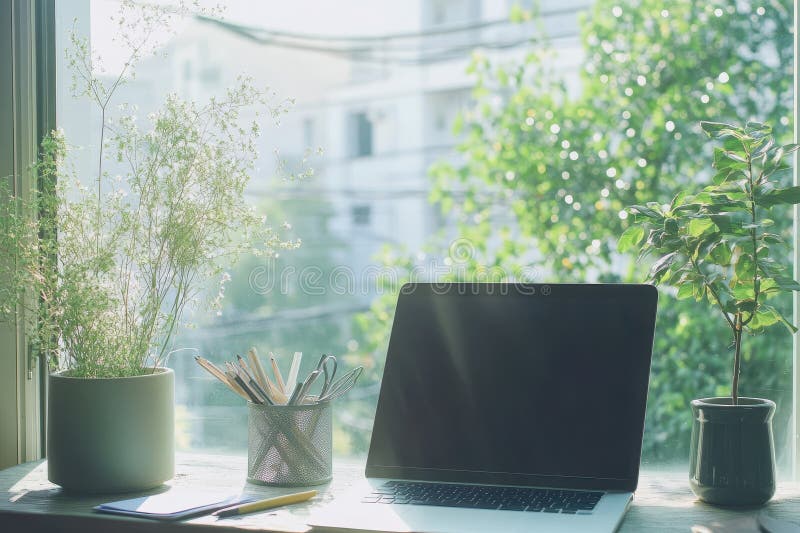 Laptop, Plants, and Writing Materials by Window Stock Illustration ...