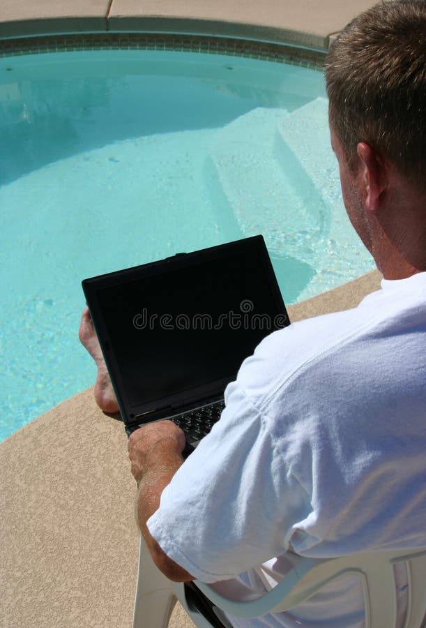 Laptop by pool stock image. Image of telecommuting, caucasion - 6030799