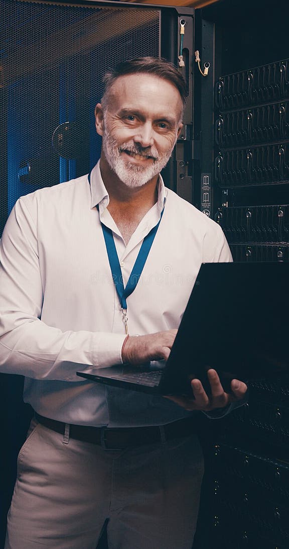 Laptop, Portrait and Database with Man in Server Room for Data Center ...