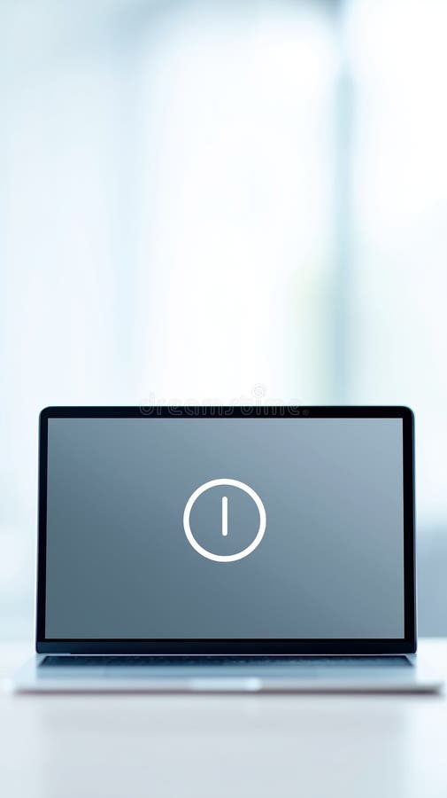 Laptop with Power Button Illuminated on Screen, Modern Workspace ...