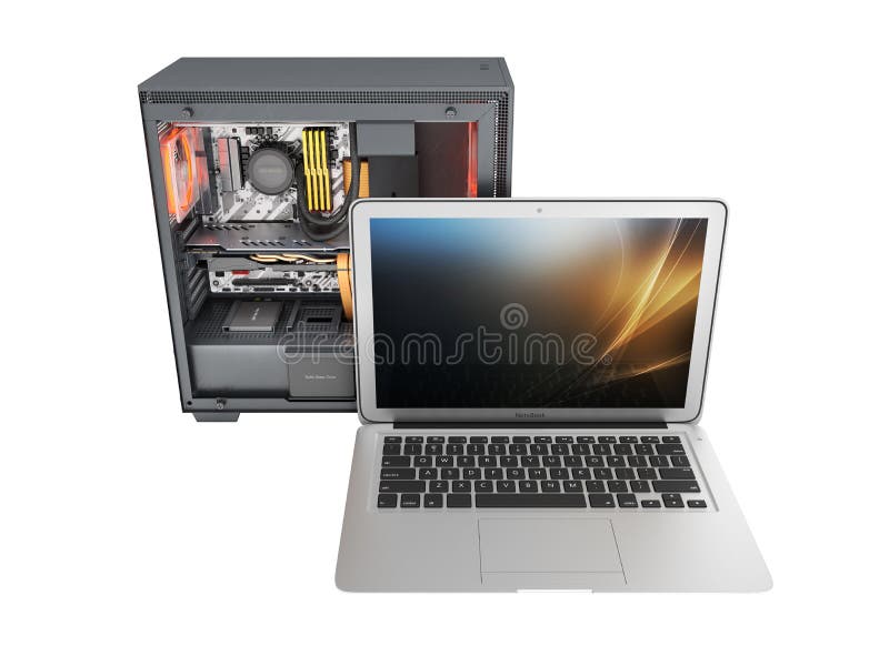 Laptop with a Powerful Desktop Computer Isolated on White Background 3d ...
