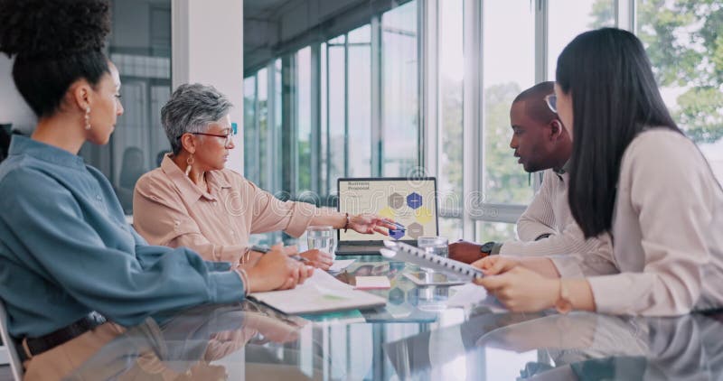 Laptop, Presentation and Planning with Business People in Meeting for ...