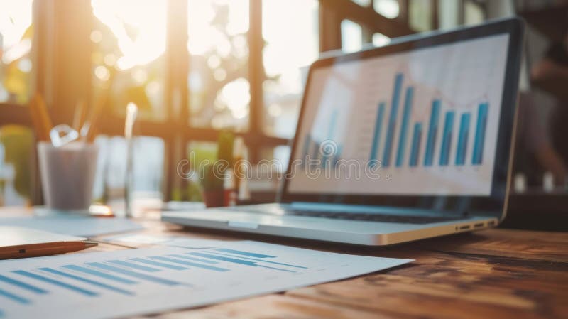 Laptop and Printed Report Wooden Desk Workspace Stock Illustration ...