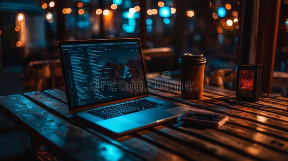 Laptop with Programming Code on Screen in Night Cafe Setting Stock ...
