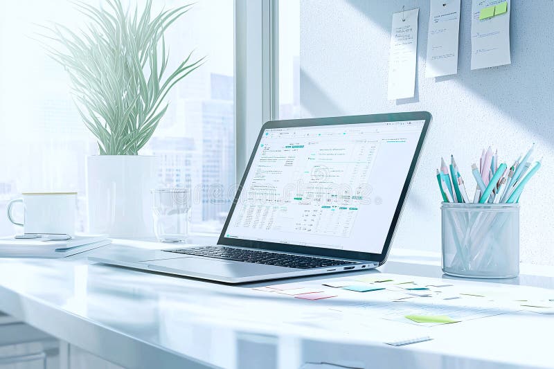 Laptop with Project Plan on Minimalist Desk, Surrounded by Coffee ...