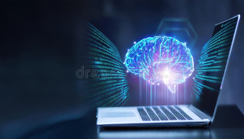 Laptop Projecting Holographic AI Brain with Binary Code Streaming Upward Symbolizes Advanced ...
