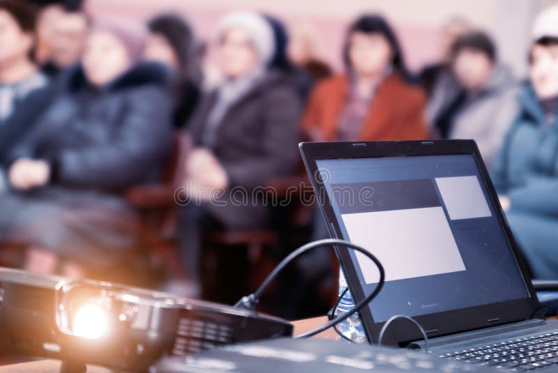 Laptop With The Projector On Office Table Stock Image - Image of ...